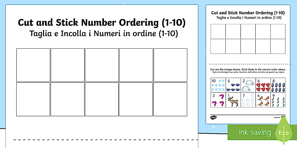Winter themed cut and stick Number Ordering Sheets English/Italian
