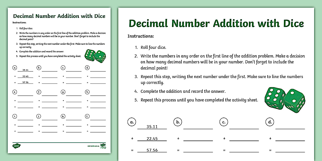 Decimal Number Addition with Dice {Worksheet} (Teacher-Made)