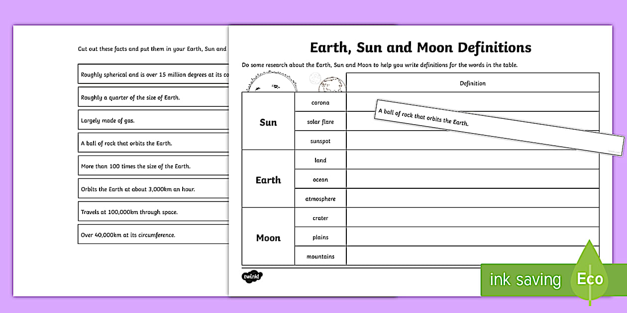 Earth Sun and Moon Definition Activity (teacher made)