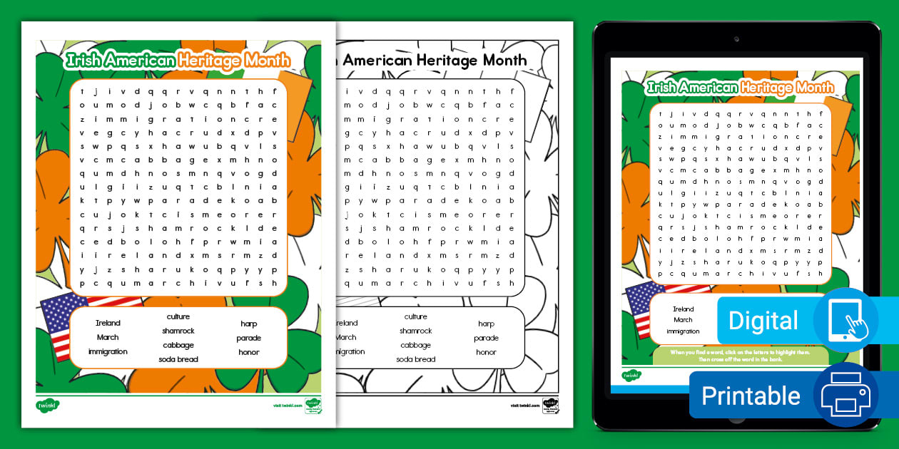 Irish American Heritage Month Word Search for K-2nd Grade