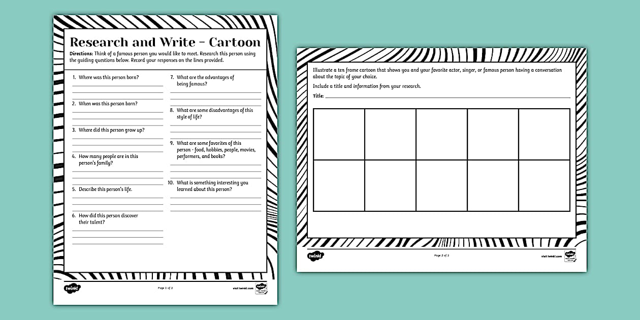 Research and Write Cartoon Worksheet for 6th-8th Grade