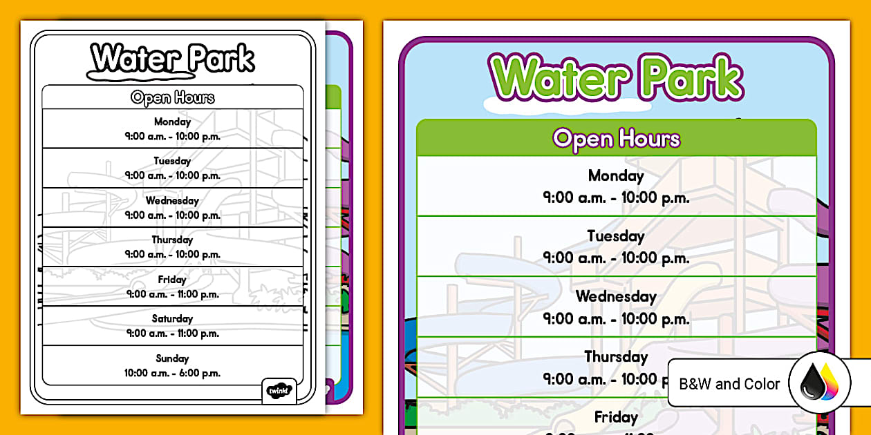 Water Park Dramatic Play Hours Sign