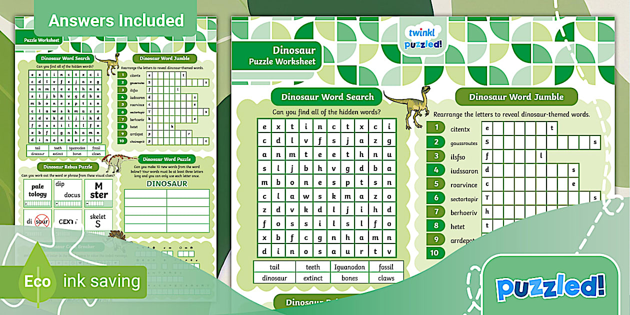 Dinosaur Puzzle Worksheet -Twinkl Puzzled (teacher made)