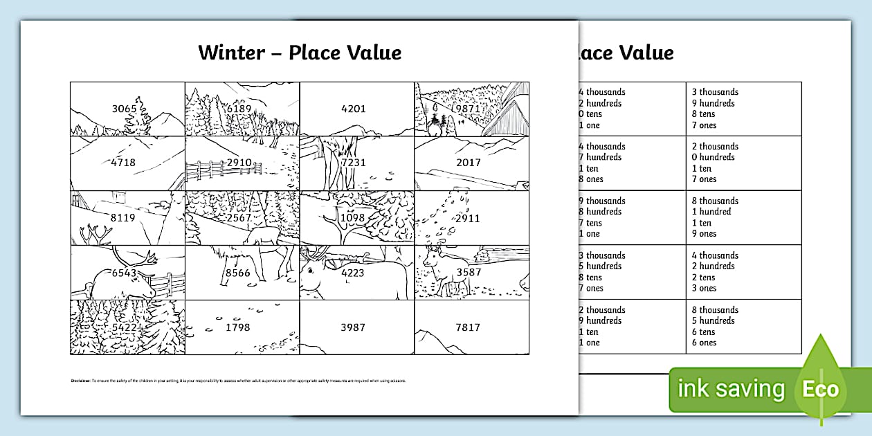 👉 Winter-Themed 4-Digit Place Value Colouring Assessment Worksheet