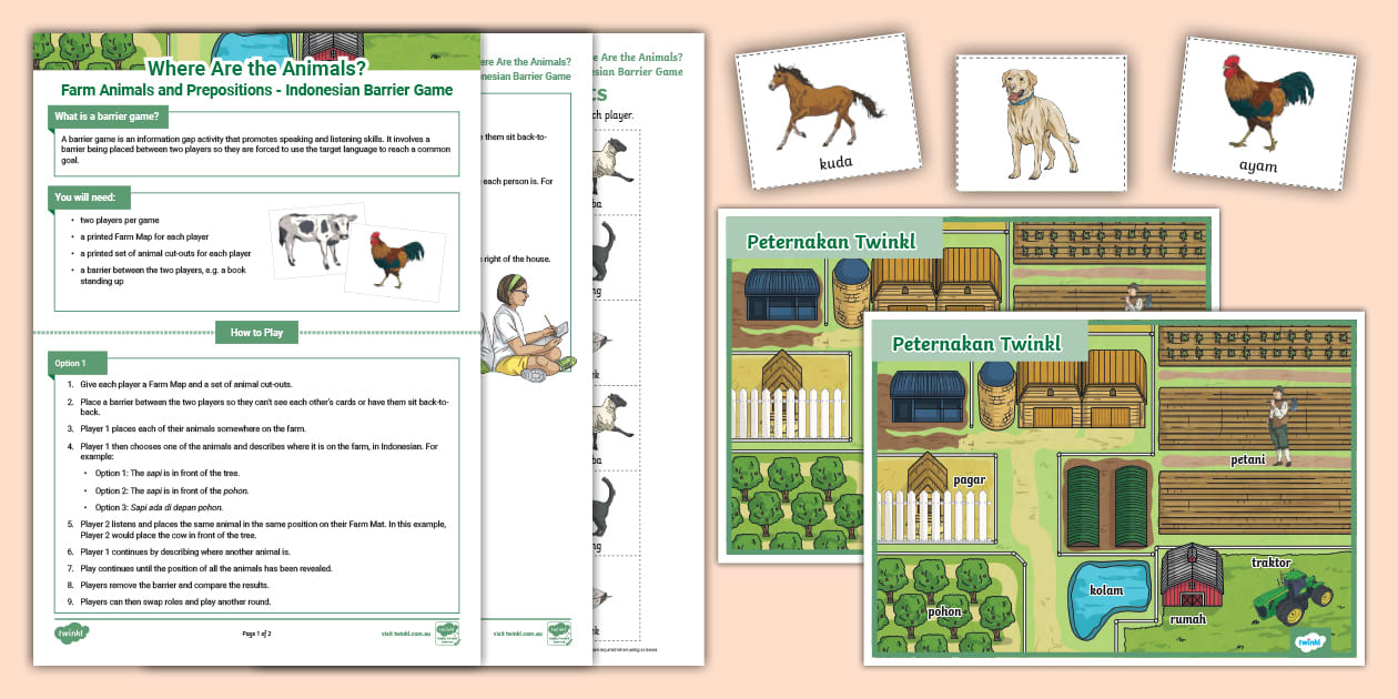 Farm Animals and Prepositions Barrier Game - Indonesian