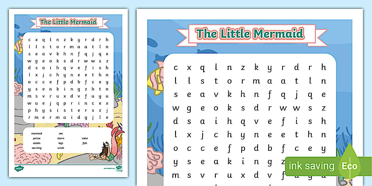 Black and White The Little Mermaid Word Search - Twinkl
