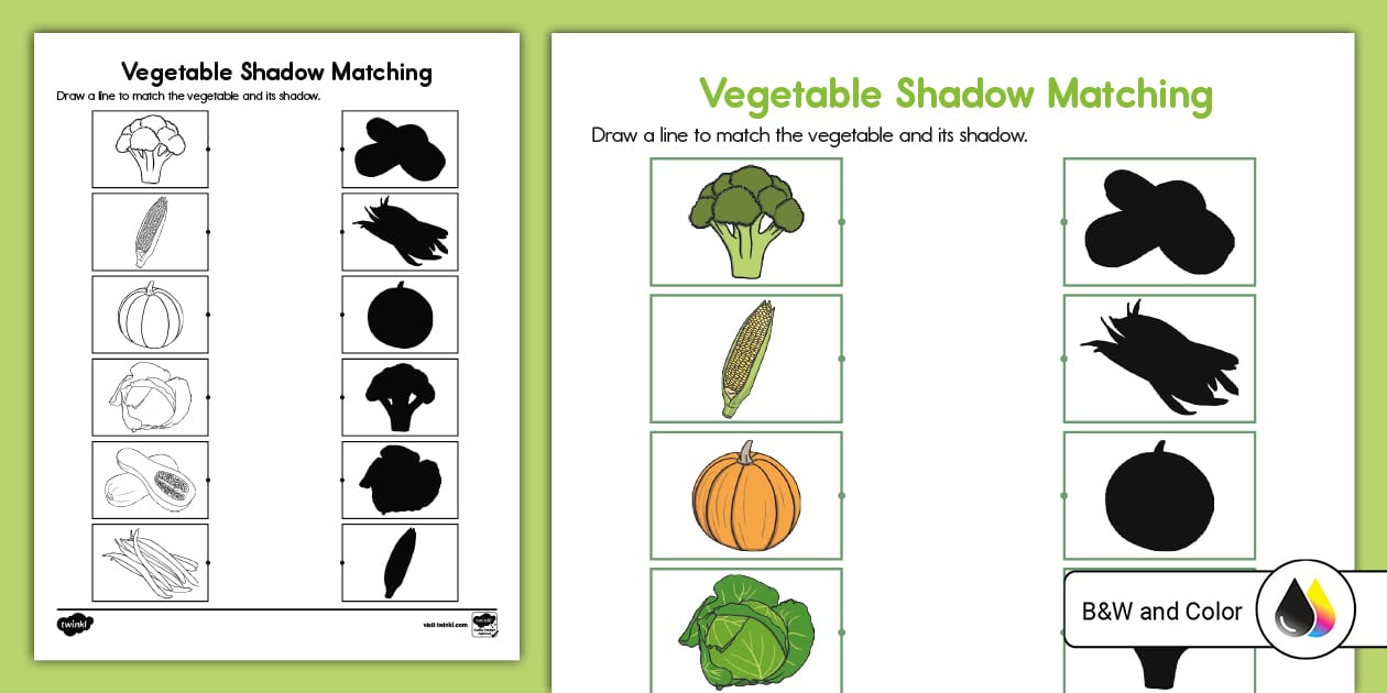 Vegetable Shadow Matching Worksheet (Teacher-Made) - Twinkl
