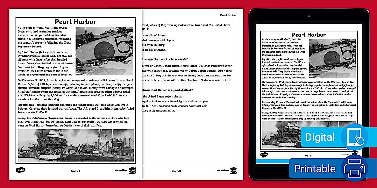 Seventh Grade Pearl Harbor Reading Passage Comprehension Activity Worksheet