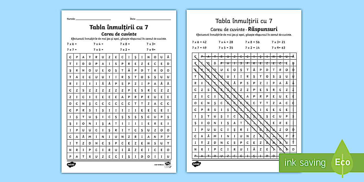 Tabla înmulțirii cu 7 Careu de cuvinte - Twinkl
