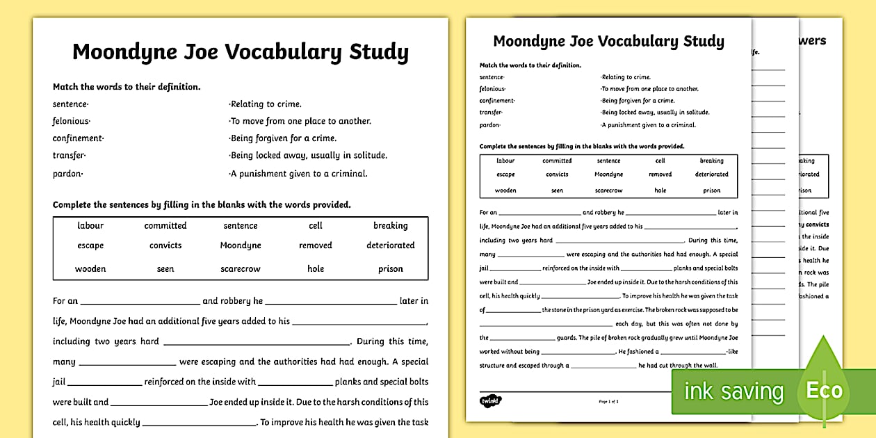 Moondyne Joe Vocab Study Worksheet (teacher made) - Twinkl