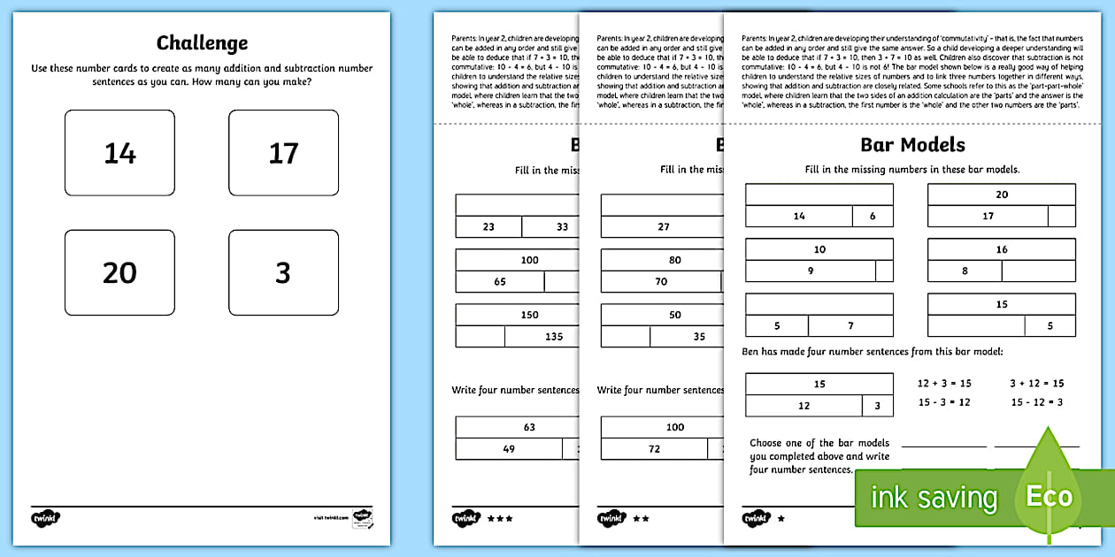 Year 2 Bar Models, Inverse Operations and Commutativity sheets