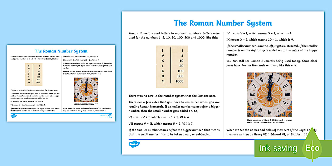 Roman Number System Information Sheet (teacher made)