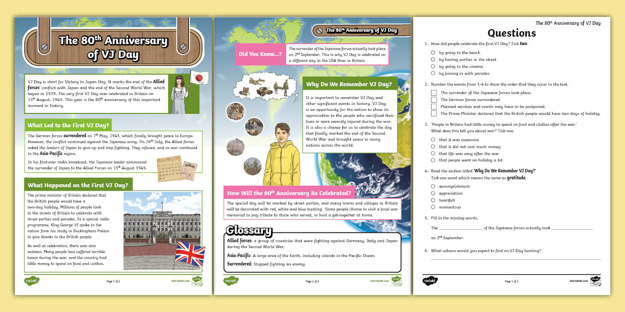 LKS2 The 80th Anniversary of VJ Day Differentiated Reading Comprehension