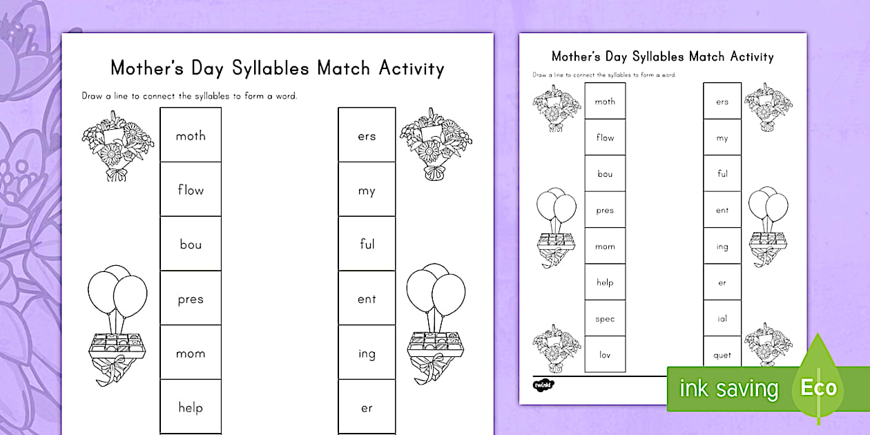 Mother's Day Syllables Match Worksheet | Twinkl USA - Twinkl