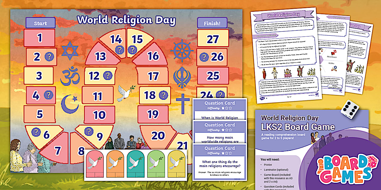 LKS2 World Religion Day Reading Comprehension Board Game Pack