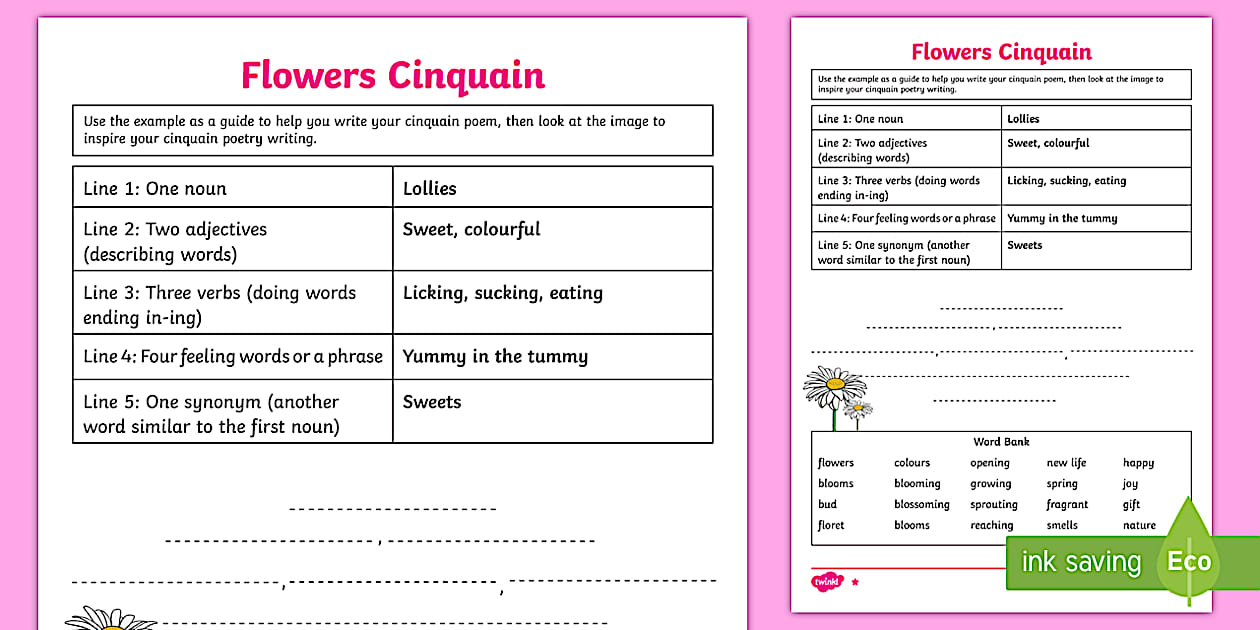 Black and White Flowers Cinquain Poem Differentiated Worksheet