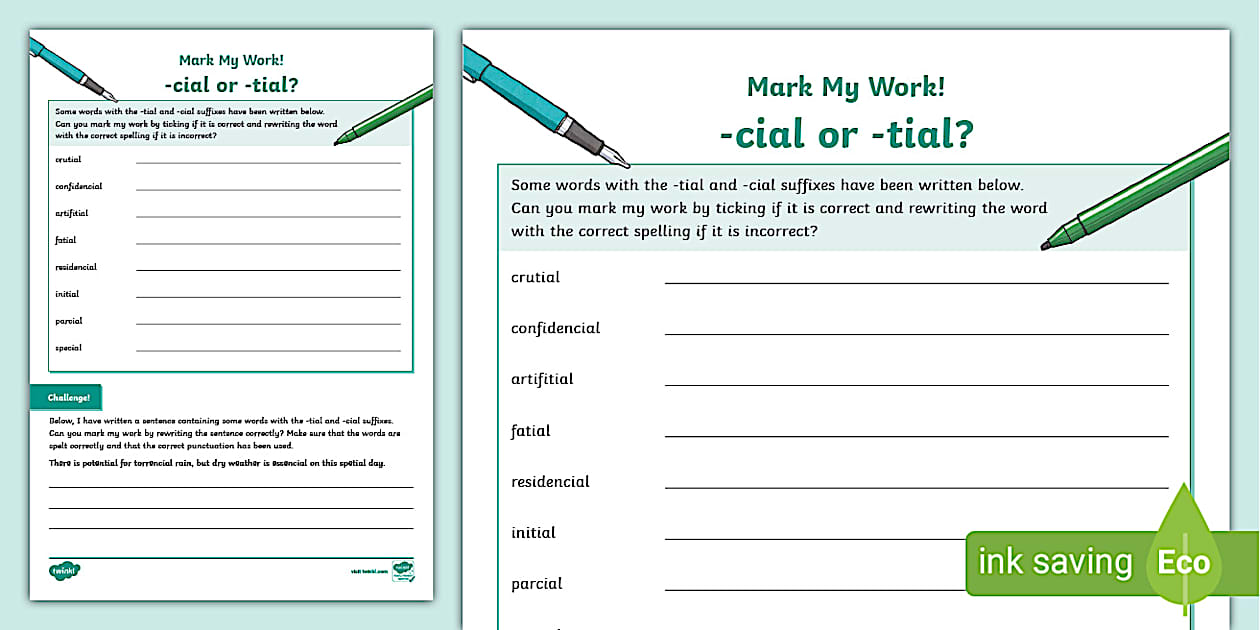 Mark My Work! -tial or -cial? Activity, Spellings