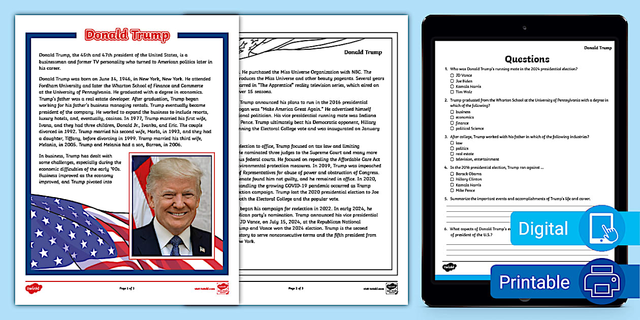 Eighth Grade Donald Trump Reading Comprehension Activity
