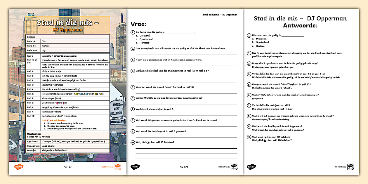Gedig Notas en Werkkaart: Stad in die Mis (Lehrer gemacht)