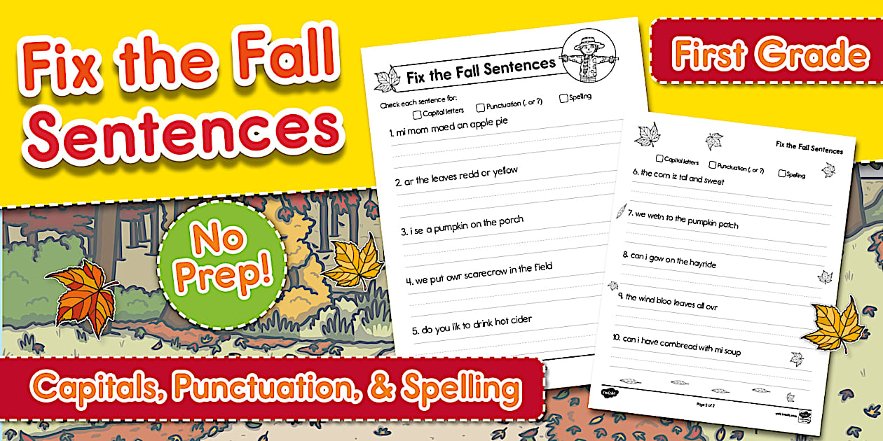 First Grade Fix the Sentences Fall Worksheet (teacher made)