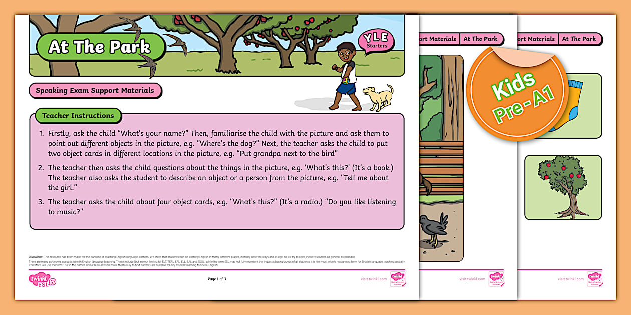 YLE Starters Speaking Practice Sheet - At The Park - Twinkl