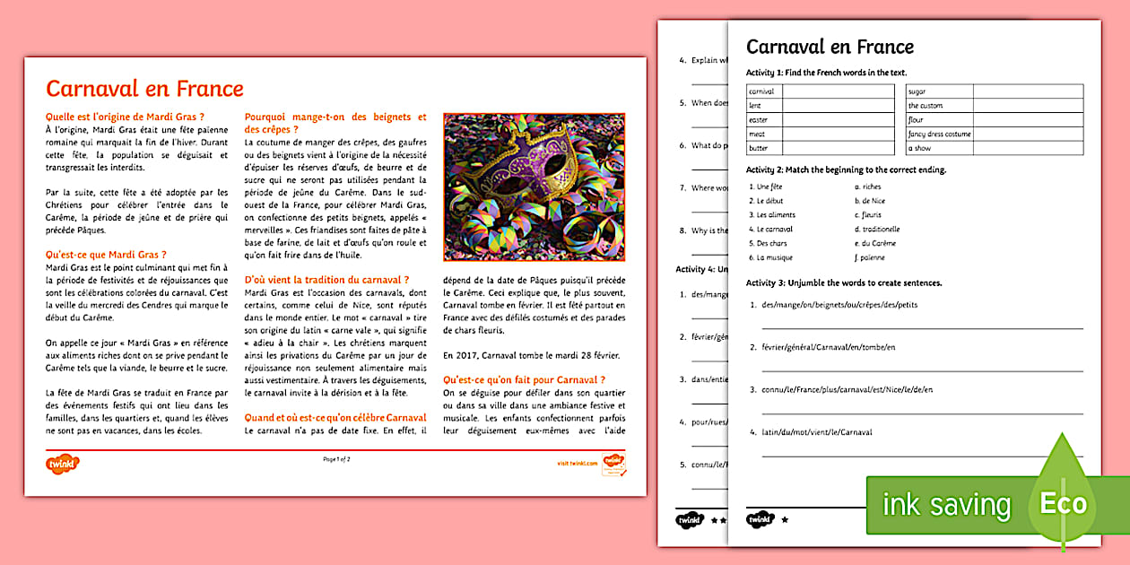 Carnival in France Differentiated Reading Comprehension Activity
