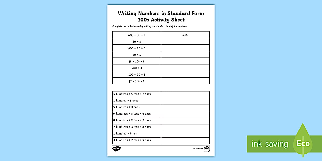Writing Numbers in Standard Form 100s Worksheet / Worksheet-Australia
