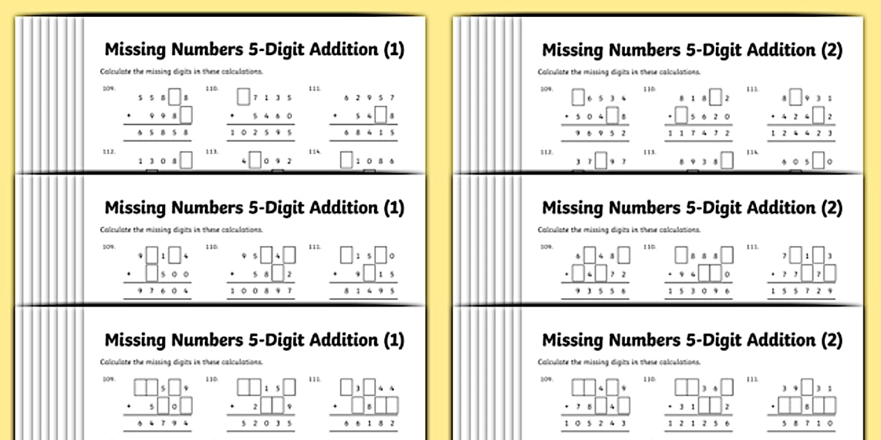 Missing Number Addition 5-Digit Number Worksheet Pack