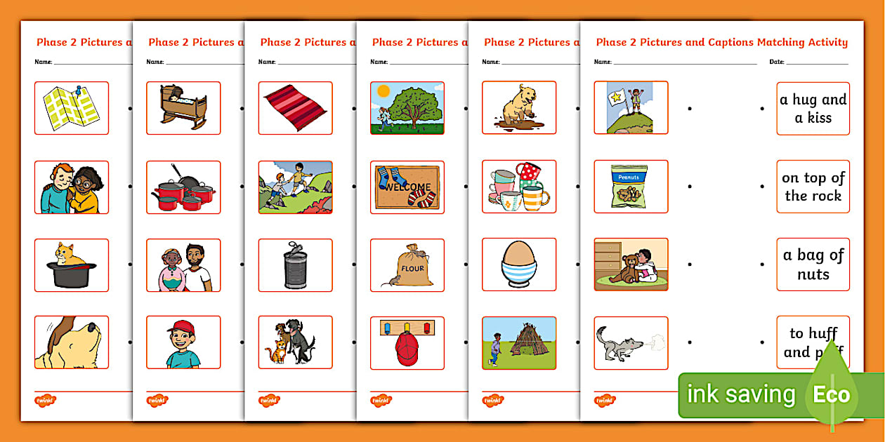 Cursive Matching Pictures to Captions Worksheet - Phase 2 Phonics