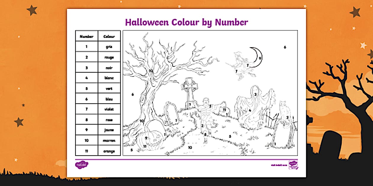 👉 French Halloween Worksheet - Colour by Numbers - Twinkl