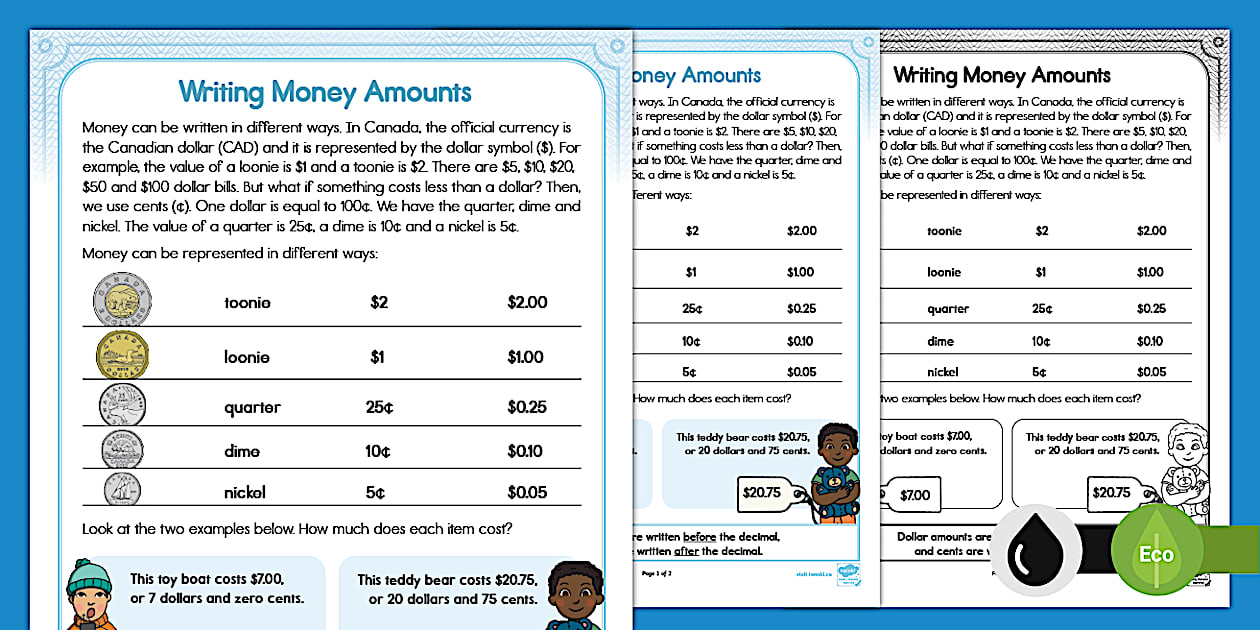 Canadian Money and Decimals Worksheet (teacher made)