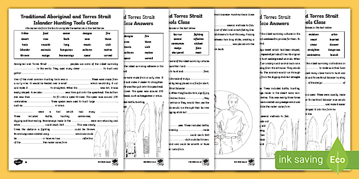 Traditional Aboriginal Hunting Tools Cloze Differentiated Activity Shee