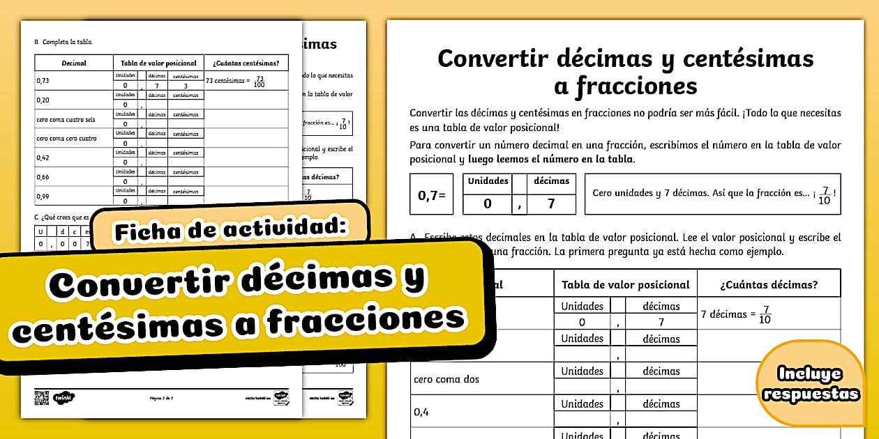 Ficha de actividad: Convertir décimas a fracciones
