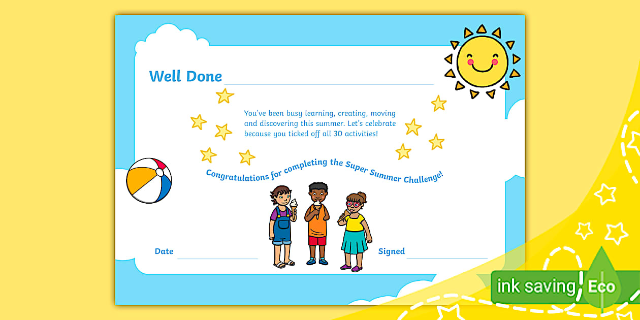 Super Summer Challenge Certificate (teacher made) - Twinkl
