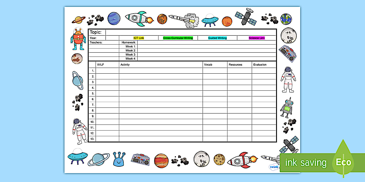 Space Themed Editable Mid Term Planning Template - lesson plan