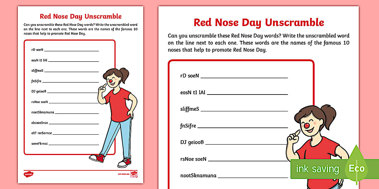 Red Nose Day: Unscramble Worksheet / Worksheet - Twinkl