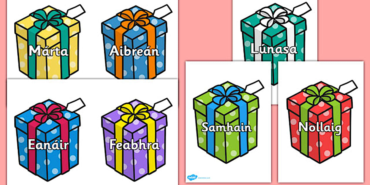 Months on Birthday Presents Gaeilge (teacher made) - Twinkl