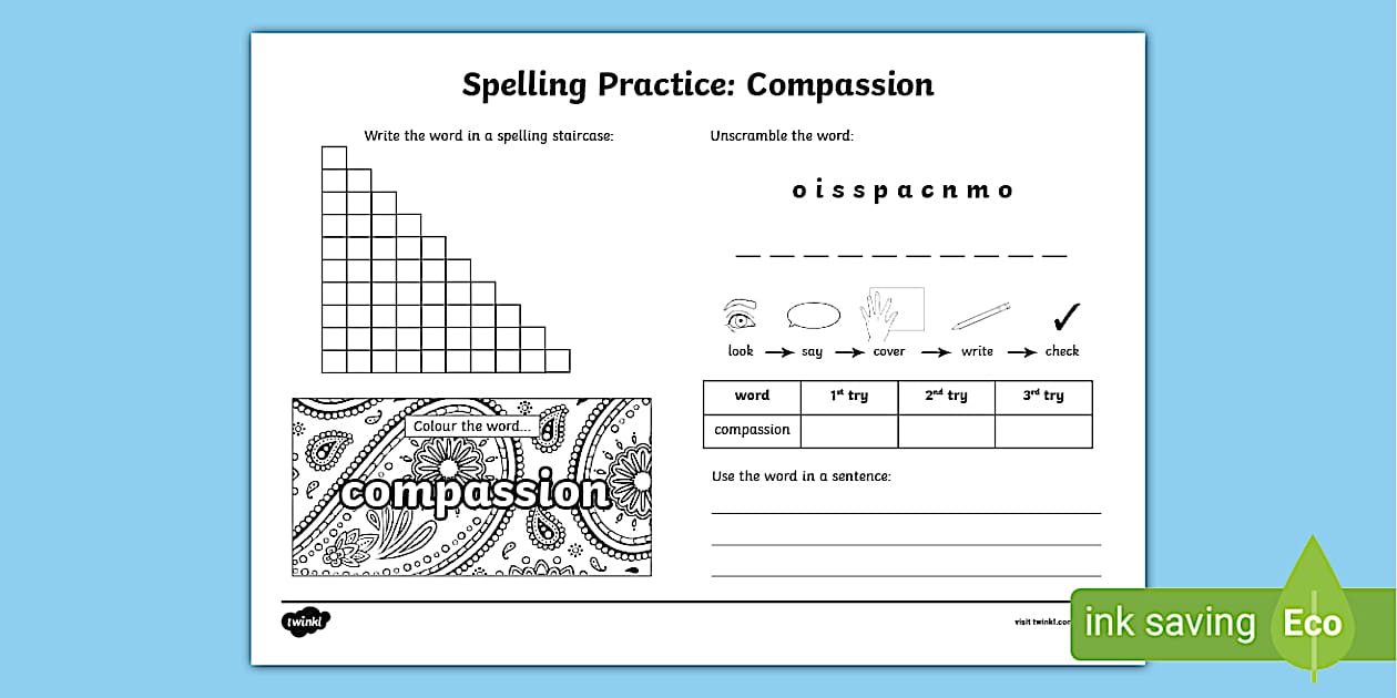 Compassion Spelling Practice Worksheet (teacher made)
