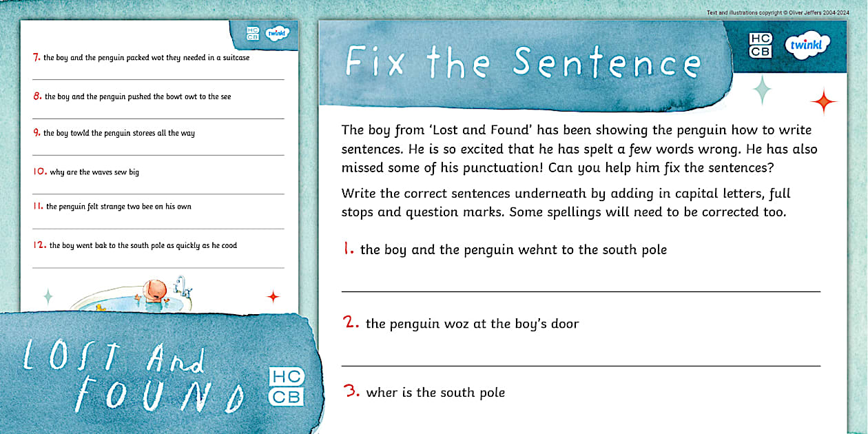FREE! - Lost and Found: Fix the Sentence Activity - Twinkl