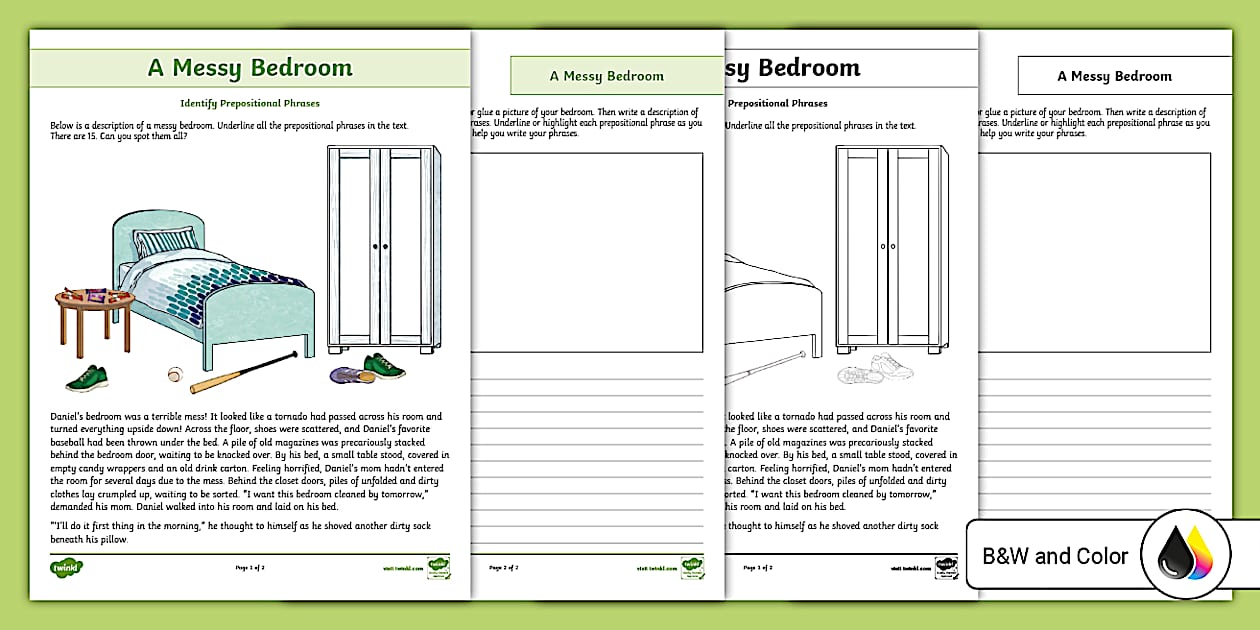 A Messy Bedroom Prepositional Phrase Worksheet 3rd-5th Grade