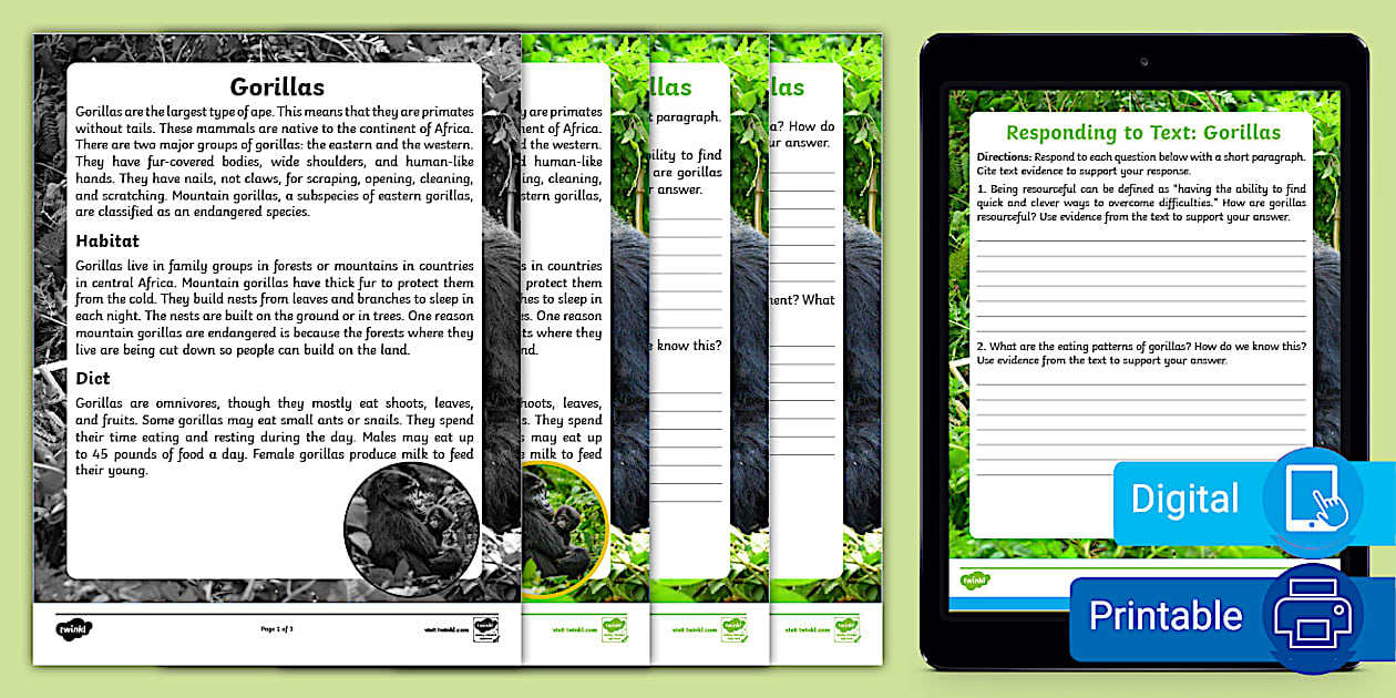 Reading/Writing Responding to Text Worksheet: Gorillas