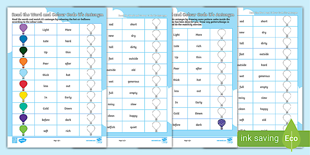 Antonyms - Colour/Pattern Coding Worksheet - Twinkl