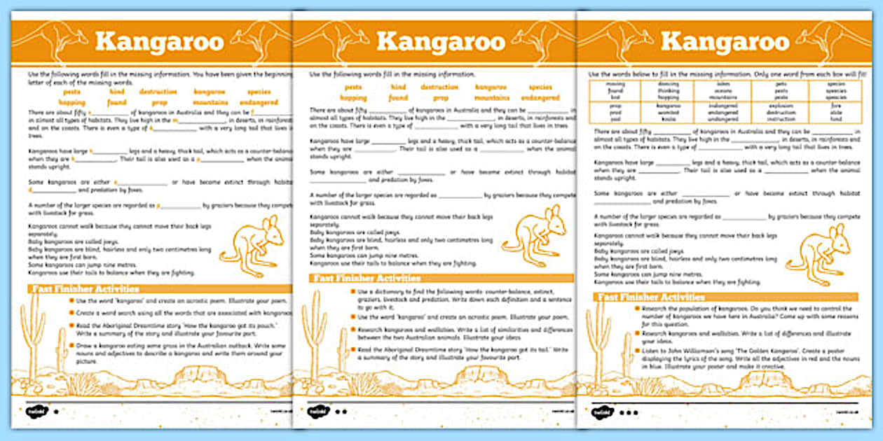 Middle Ability Australian Animals Years 3-6 Kangaroo Differentiated Cloze