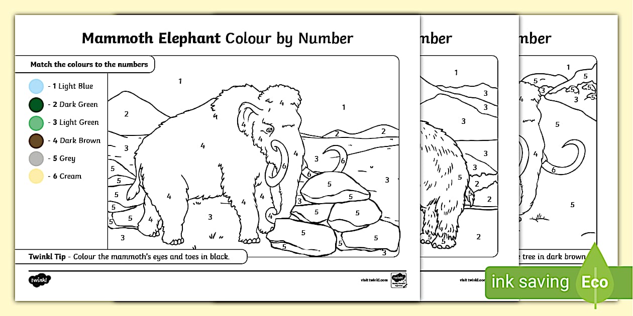 Free Mammoth Elephant Colour by Number Activity for Kids!