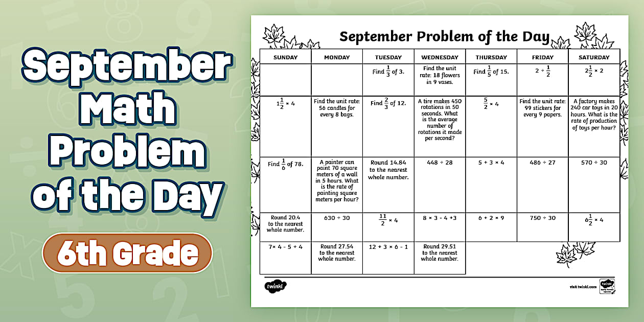 Sixth Grade 2025 Math Problem of the Day September Calendar