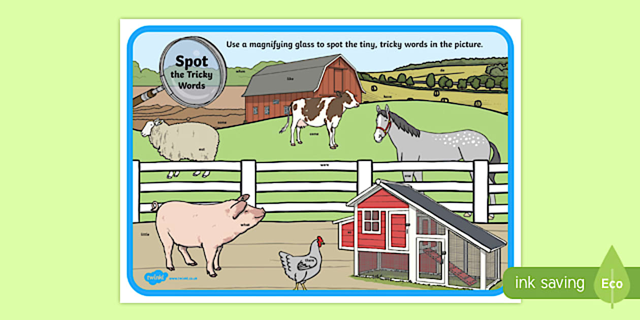 Black and White Phase 4 Tricky Words Farm Scene Magnifying Glass Worksheet