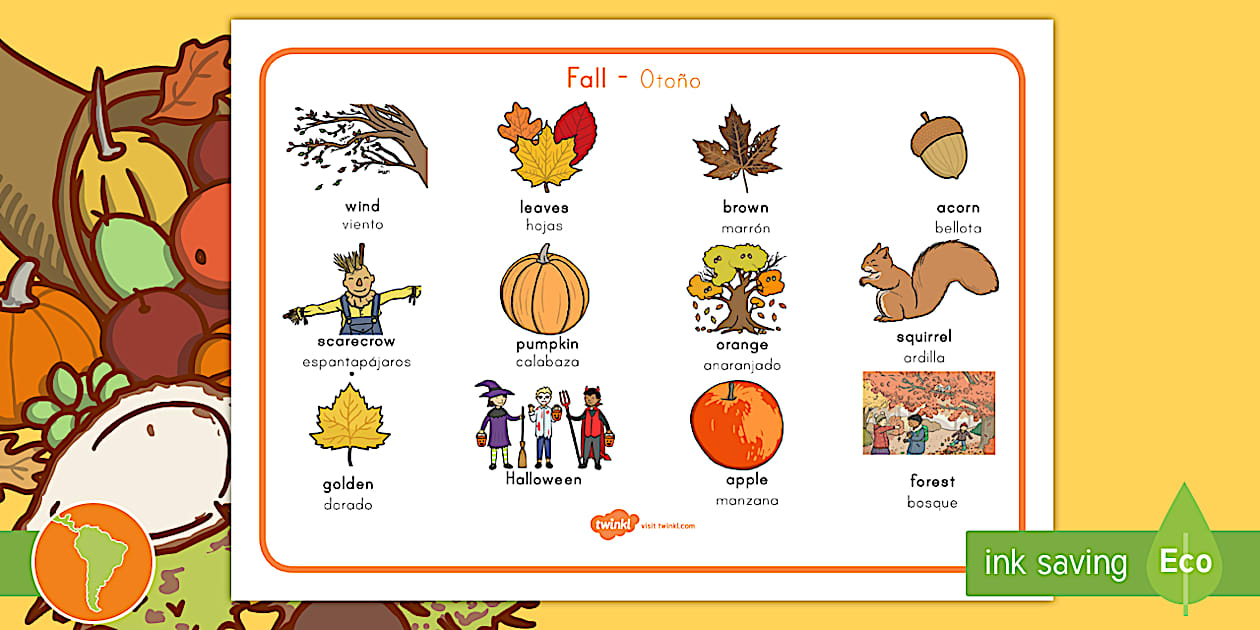 Fall Word Mats English/Spanish - Fall Word Mat - Twinkl