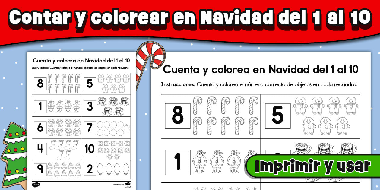 Actividad navideña de contar y colorear del 1 al 10