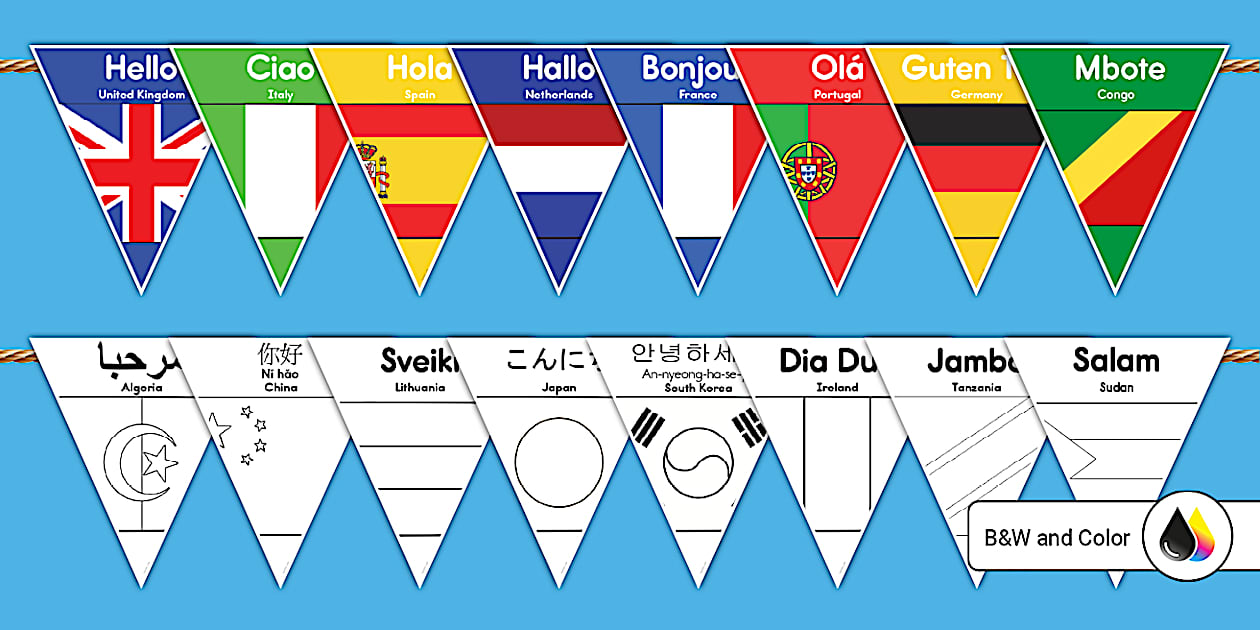 Hello in Multiple Languages Flag Bunting - Twinkl