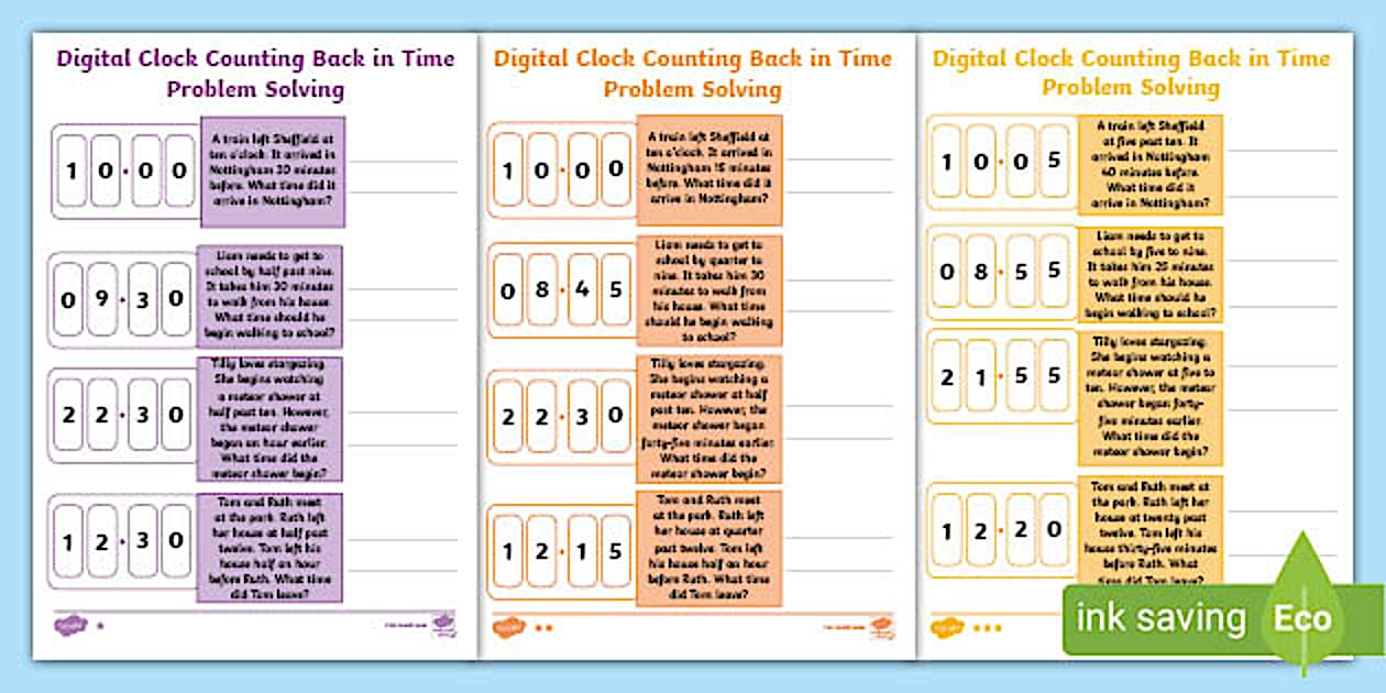 Digital Clock Counting Back in Time Problem Solving Worksheet Worksheet